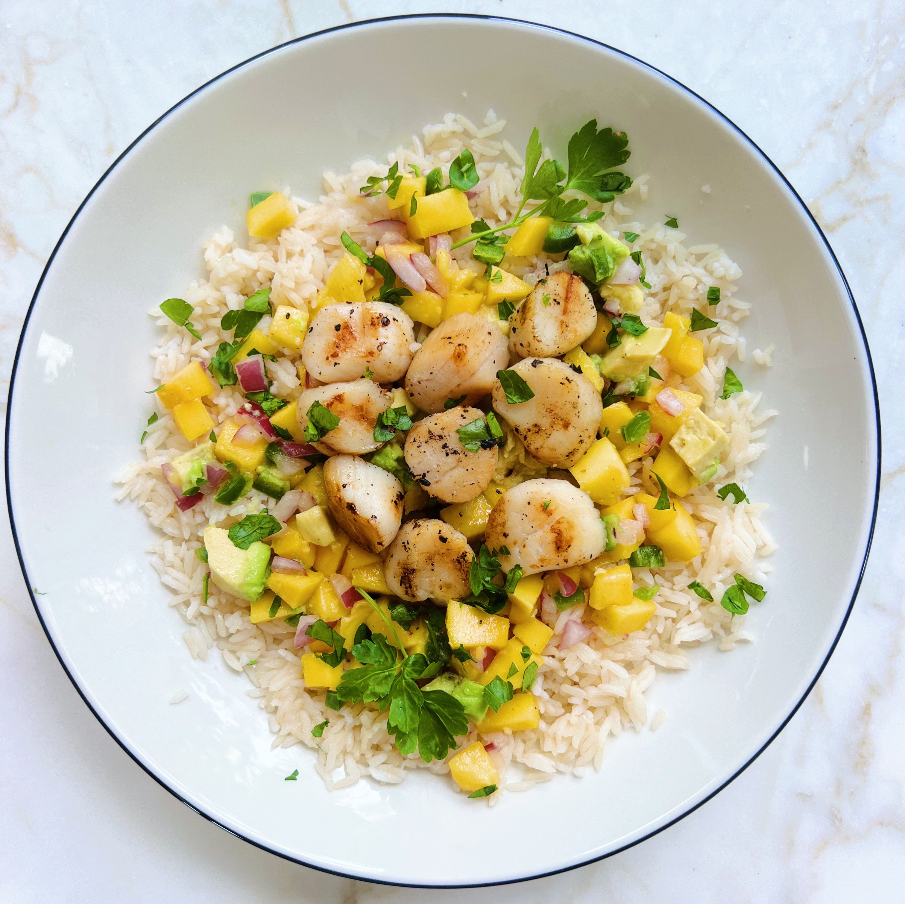 Island Style Grilled Scallops with Mango Salsa and Coconut Rice ...